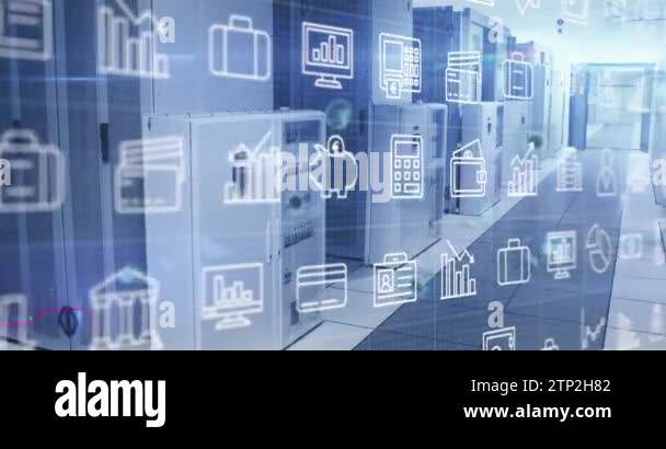 Animation of interface with digital icons and light spot against ...