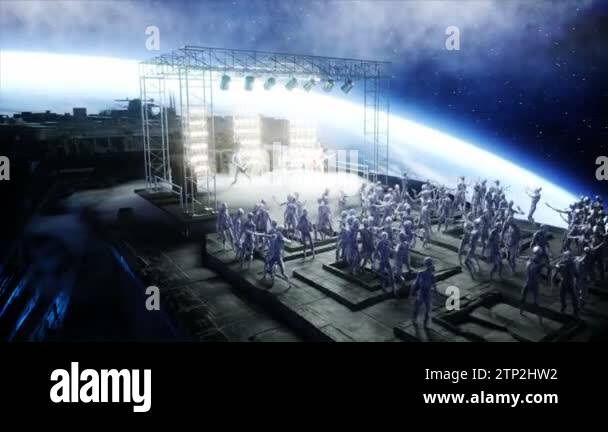 Alien rock party on space ship. Concert. Guitar, bass and drum play ...