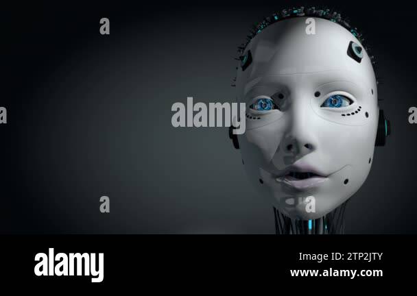 Front view of female humanoid robot head with glowing white skin ...