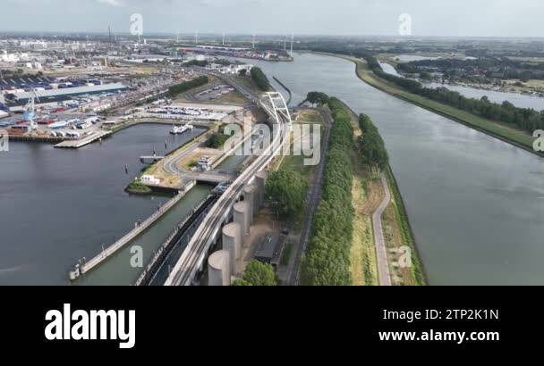 Infrastructure in the port of Rotterdam. A sluice, lock system,road ...