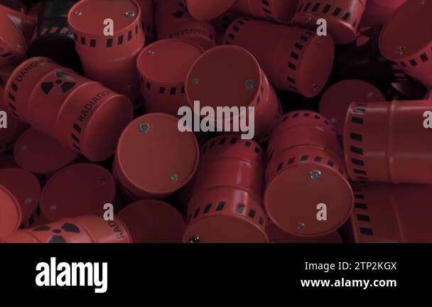Dump of red and black barrels with nuclear radioactive waste. Danger of ...