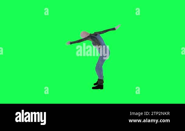 3D bald farmer man dancing right angle green screen 3d people redner ...