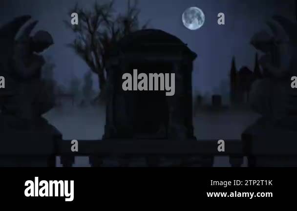 4k video background of a graveyard, cemetery. Statues on the sides ...