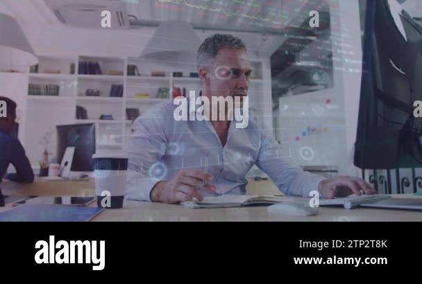 Animation of infographic interface over caucasian businessman working ...