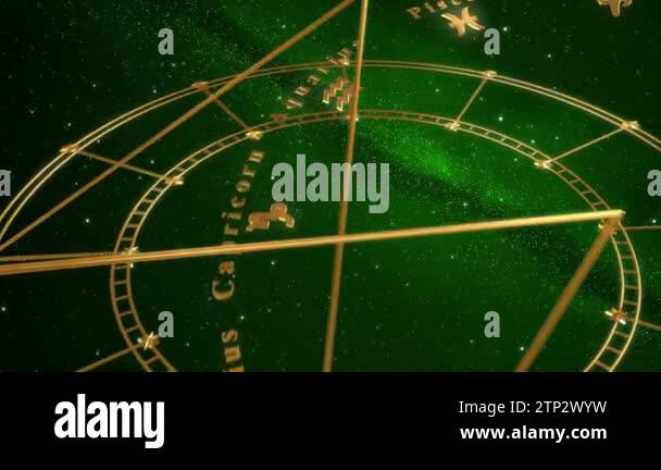 Armillary Sphere And Zodiac Signs. Green Background Stock Video Footage ...