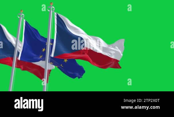 Czech Republic and European Union flags waving isolated on green ...