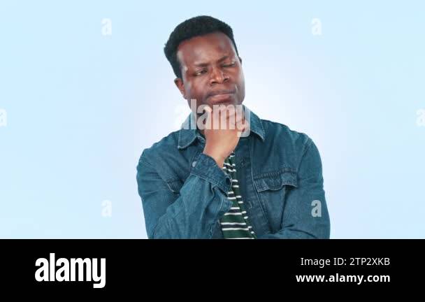 Thinking, black man and ideas with doubt, solution and problem solving ...