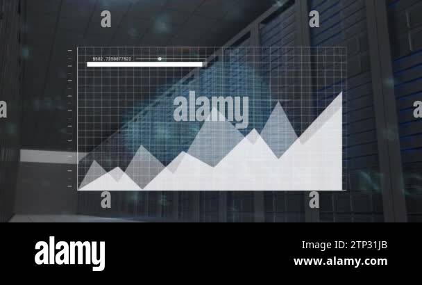 Animation of graphs, loading bars, text, letters, symbols, numbers over data server room ...