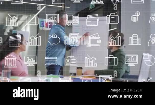Animation of multiple icons over diverse manager explaining strategy on ...