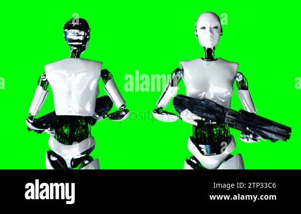 Futuristic humanoid female robot is walking with gun . Realistic motion ...