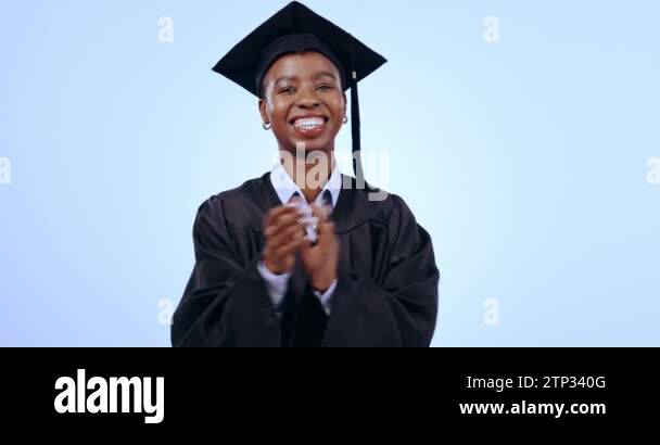 Happy black woman, graduation and applause in congratulations against a ...