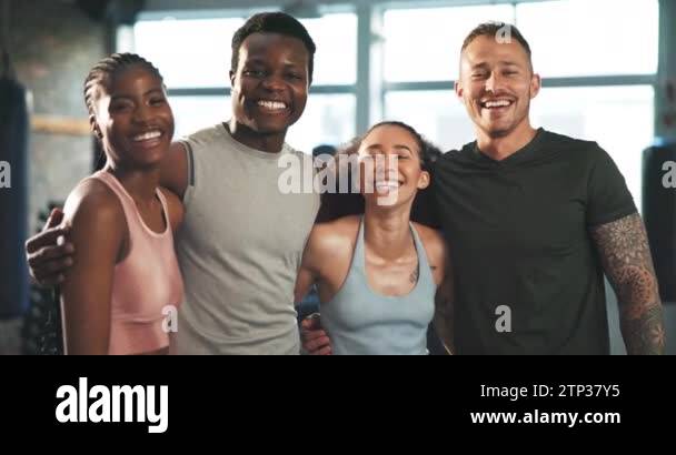 Gym class, happy people and friends laughing at exercise humour, fitness joke or community ...