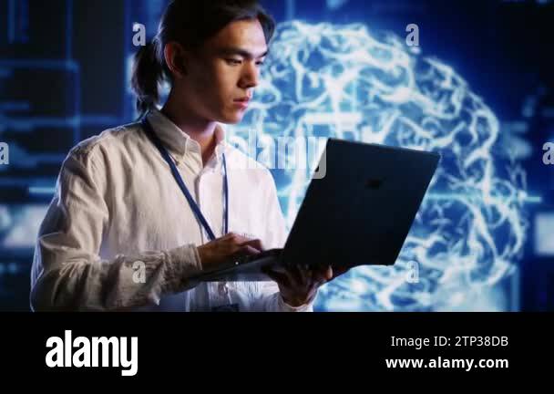 IT practitioner works with artificial intelligence computerized model simulating human brain ...