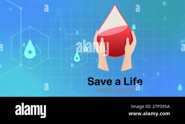 Animation of medical icons and hands holding blood drop with donate ...