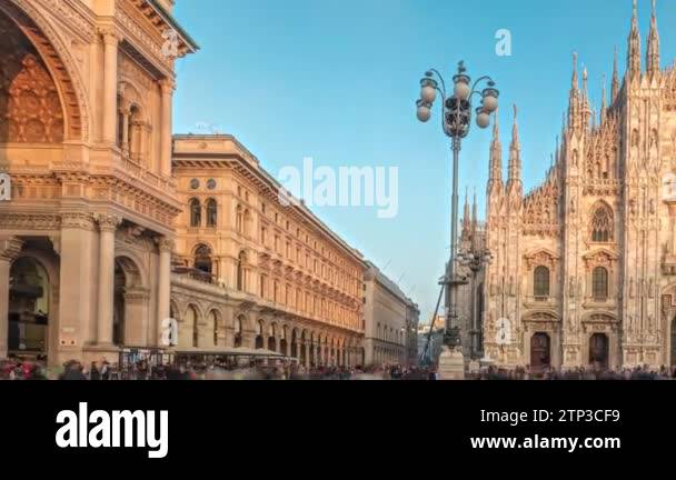 Panorama showing Milan Cathedral and historic buildings timelapse ...