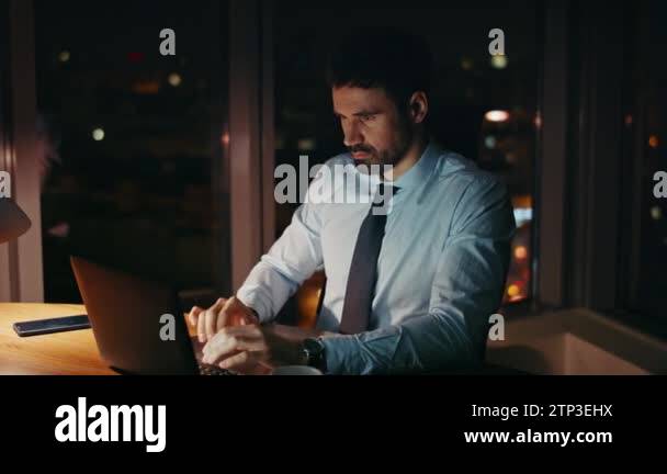 Businessman busy of late work sitting office desk with laptop close up ...