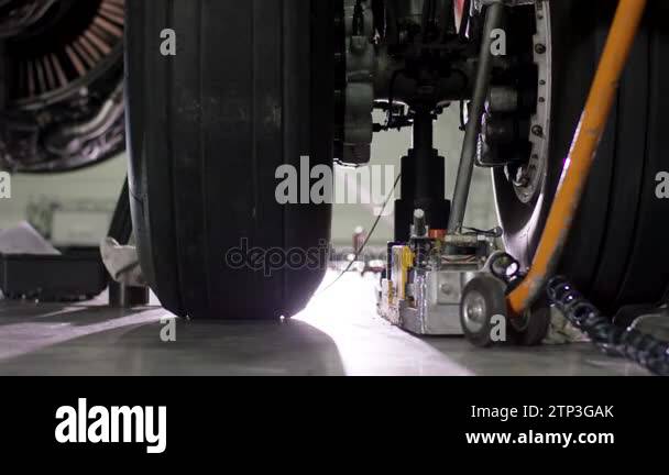 Aircraft brake repair. Close up of airplane wheel and shaft. Huge ...