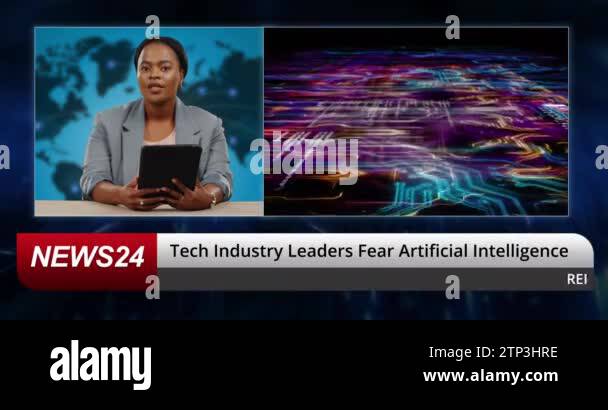 News, reporter woman and artificial intelligence in tv studio for ...
