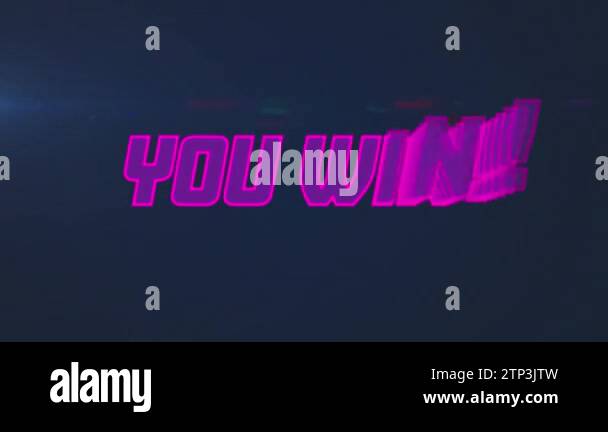 Animation of glitched you win text with lens flares over black ...