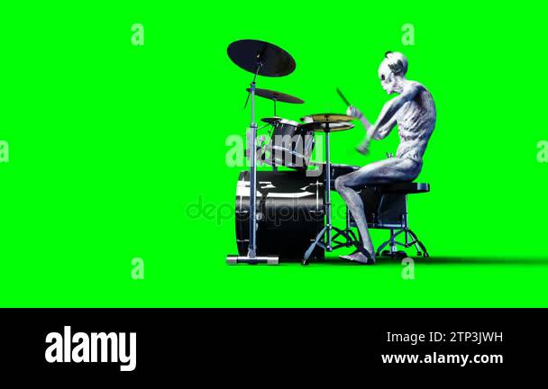 Funny alien plays on drums. Realistic motion and skin shaders. 4K green ...