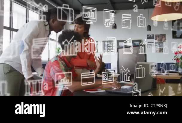 Animation of multiple icons over diverse coworkers discussing reports ...