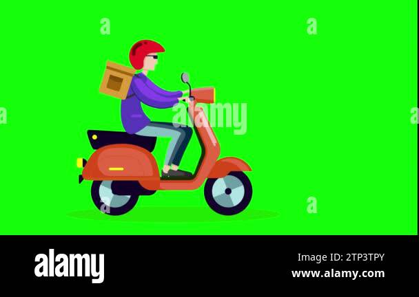 2D animation of a delivery man on scooter with a backpack on his back ...