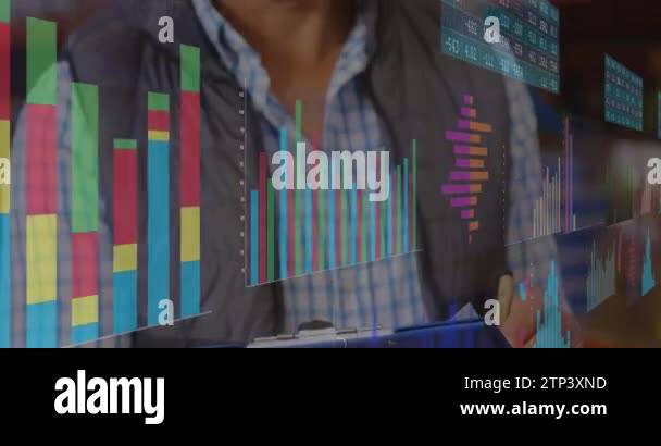 Animation of multiple graphs and numbers charts over caucasian man ...