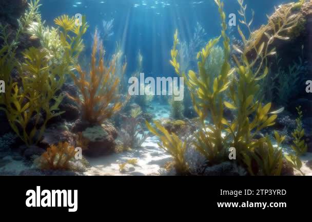 Close up underwater background with marine plants seaweed in clean ...