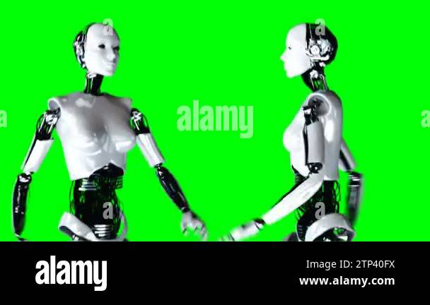 Futuristic humanoid female robot is walkihg . Realistic motion and ...