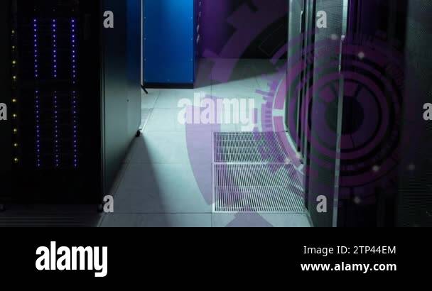 Animation of round scanner spinning against computer server room. Computer interface and ...