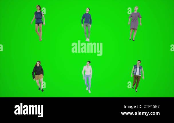 3d green screen six women walking in residential area from the opposite ...