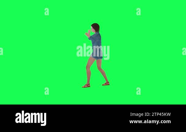 3d Animated Girl In Jeans Punching Right Angle Green Screen 3d People