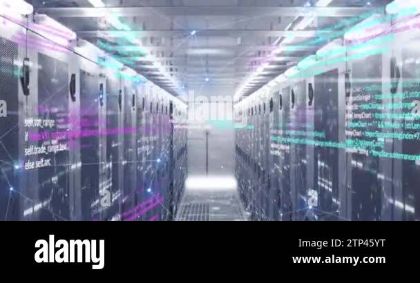 Animation Of Connected Dots And Computer Language Over Data Server Racks In Server Room Digital