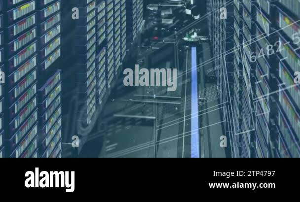 Animation of graphs, changing numbers and loading circles over large data server room. Digital ...