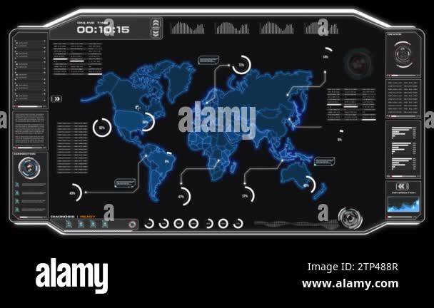 4K Animation UI User Interface with world map data HUD pi bar text box ...