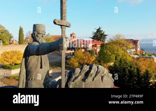 Telavi, Georgia - 6th November, 2022: Aerial close up Monument of king ...