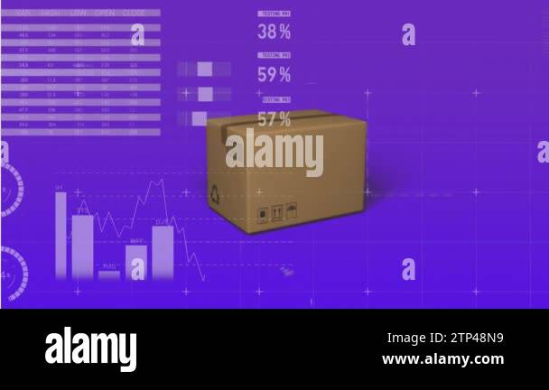 Animation of statistical data processing over delivery box falling against purple background ...