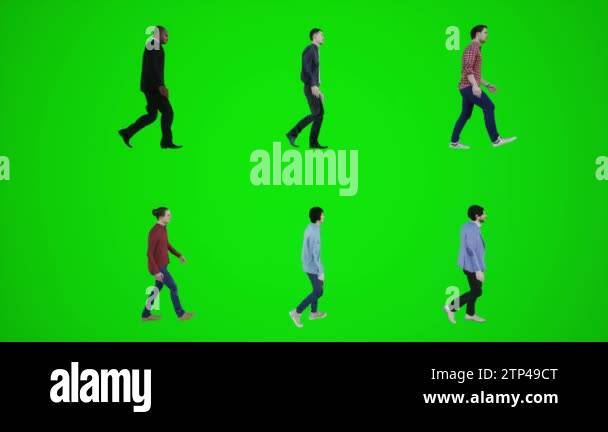 3d green screen six men walking in the field from side angle 3d people ...