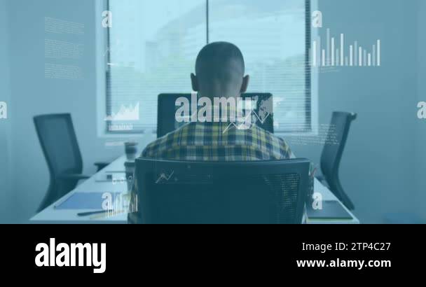 Animation Of Graphs Map Rear View Of Biracial Programmer Relaxing After Completing Coding