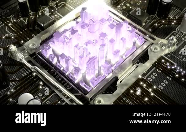 Overflight. Abstract animation around the motherboard. Blue color. 4k ...