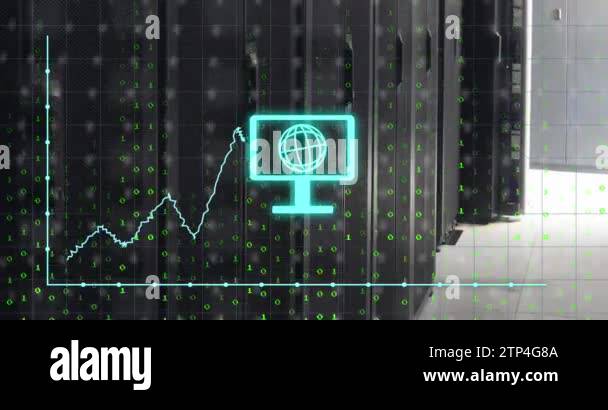 Animation Of Computer With Globe Binary Codes Graphs Social Media Icons Over Data Server Room