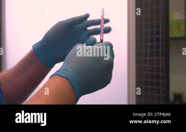 gloved doctor prepares a filled syringe for injection by tapping the ...
