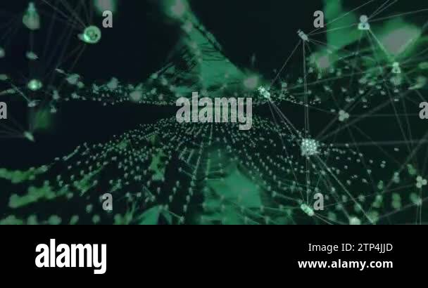 Network of media icons over grid of connected shapes and glowing data ...