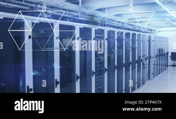 Animation of triangles, radar and computer language over server room. Digital composite ...