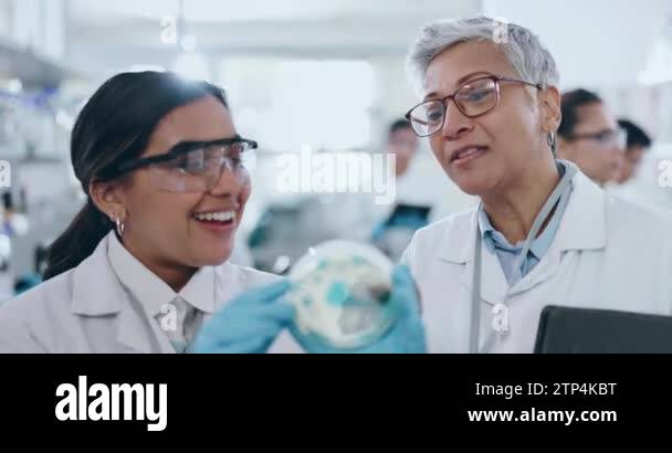 Science, mentor and bacteria with people in laboratory for learning ...