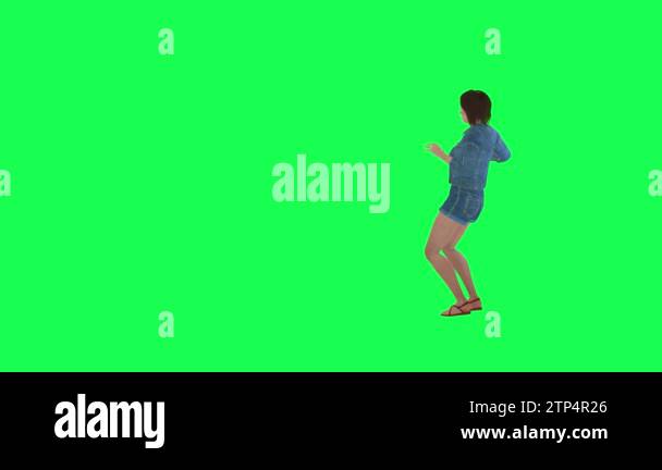 3D animated girl in jeans finding something right angle green screen 3d ...