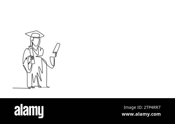Self drawing animation of single line draw group of happy graduate male ...