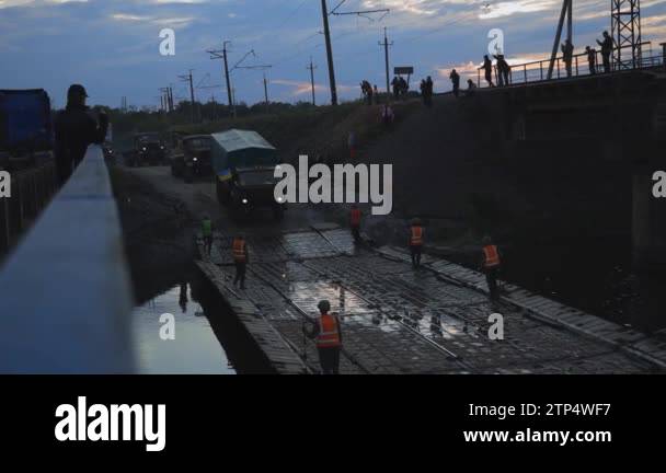 Pontoon bridge of the Ukrainian army. Installation of a temporary ...