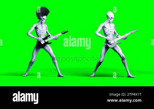 Funny alien plays on electric guitar. Realistic motion and skin shaders ...
