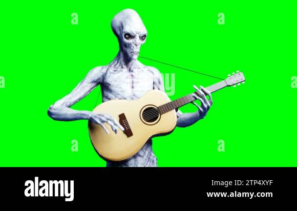 Funny alien plays on acustic guitar. Realistic motion and skin shaders ...